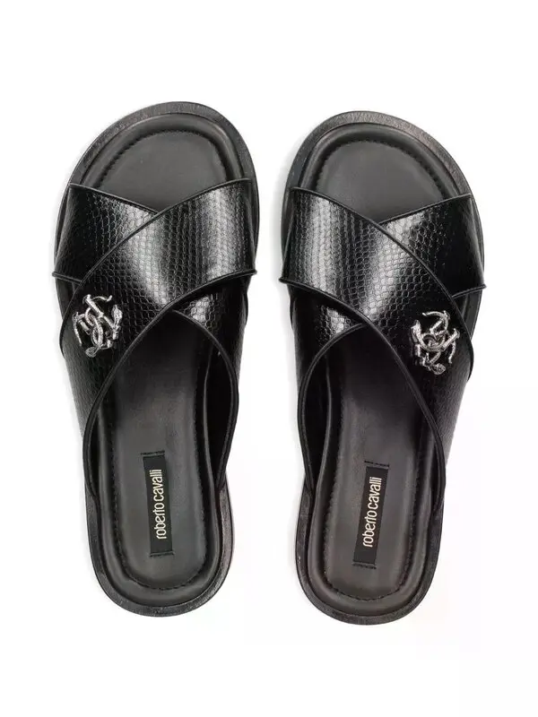 Roberto Cavalli Snakeskin Sandals With Silver-tone Logo
