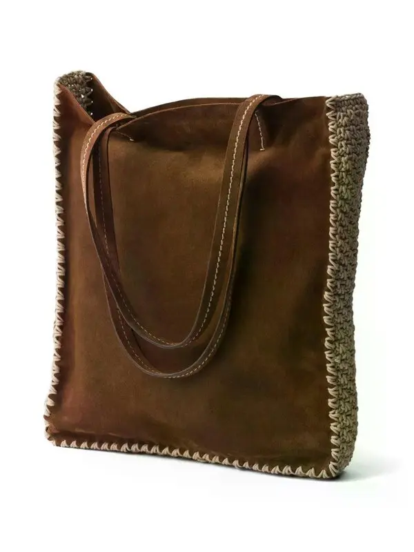Prada Large Suede And Crochet Tote Bag - Brown
