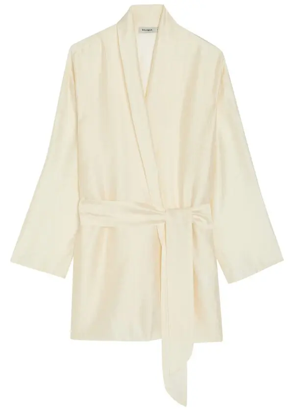 SOLAQUA Alma Embroidered Belted Kimono Robe - Ivory