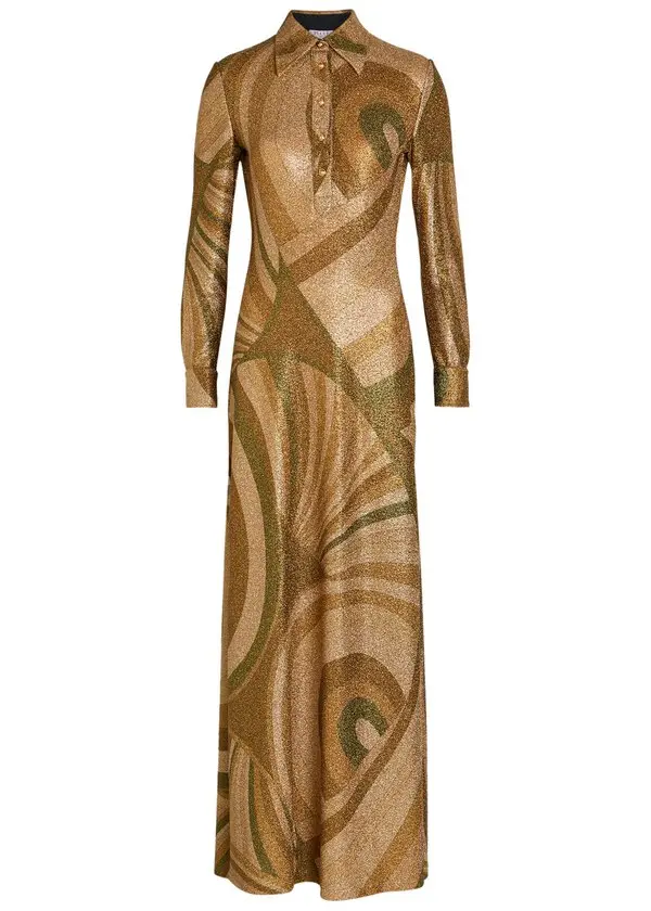 Emilio Pucci Printed Metallic-jersey Maxi Shirt Dress - Brown