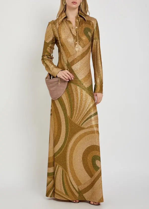 Emilio Pucci Printed Metallic-jersey Maxi Shirt Dress - Brown