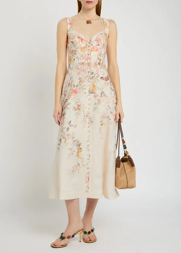 Zimmermann Luna Floral-print Linen Midi Dress - Cream