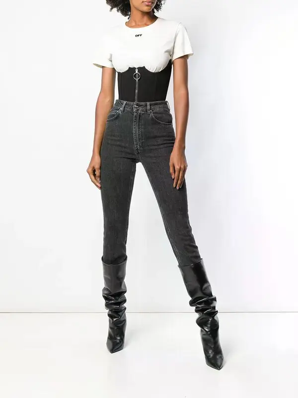 Off-White Cupless Corset Top With Silver-tone Ring Zipper