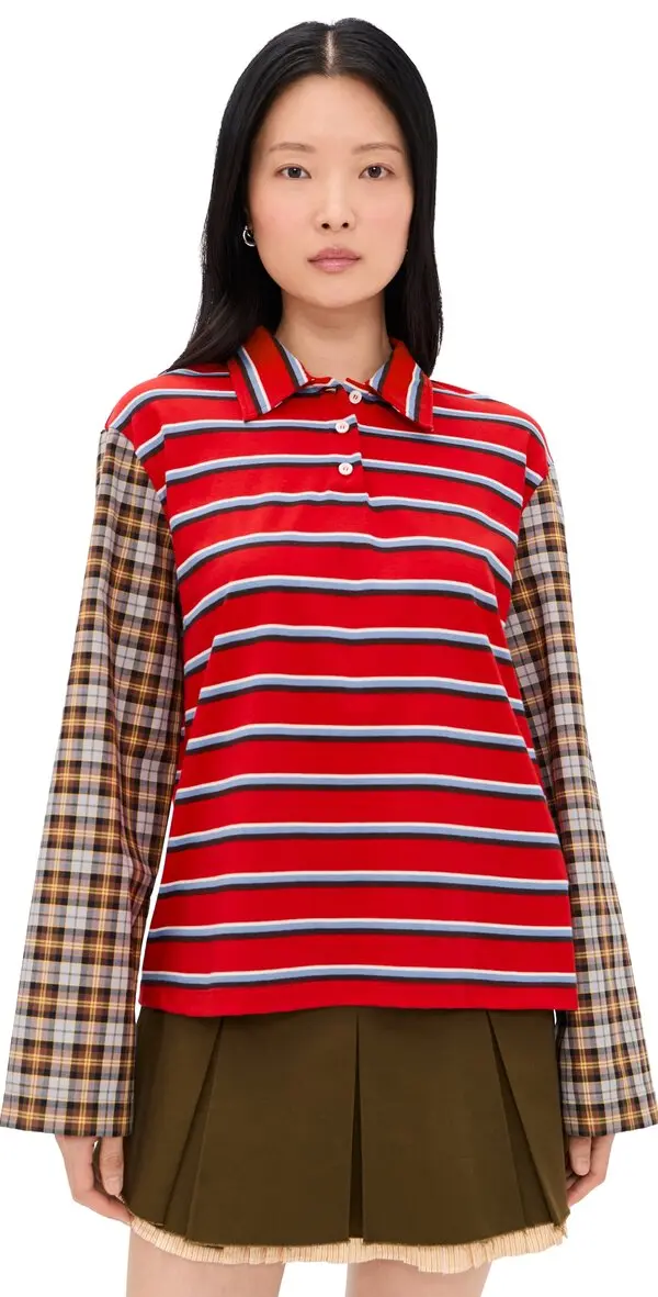 MSGM Striped Polo With Contrast Plaid Sleeves