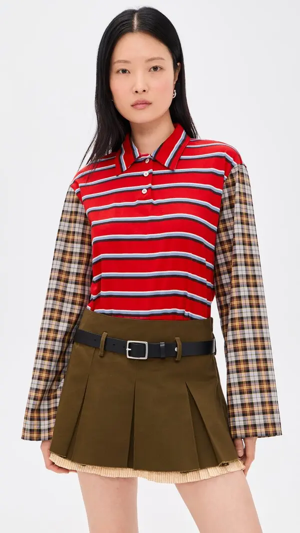 MSGM Striped Polo With Contrast Plaid Sleeves