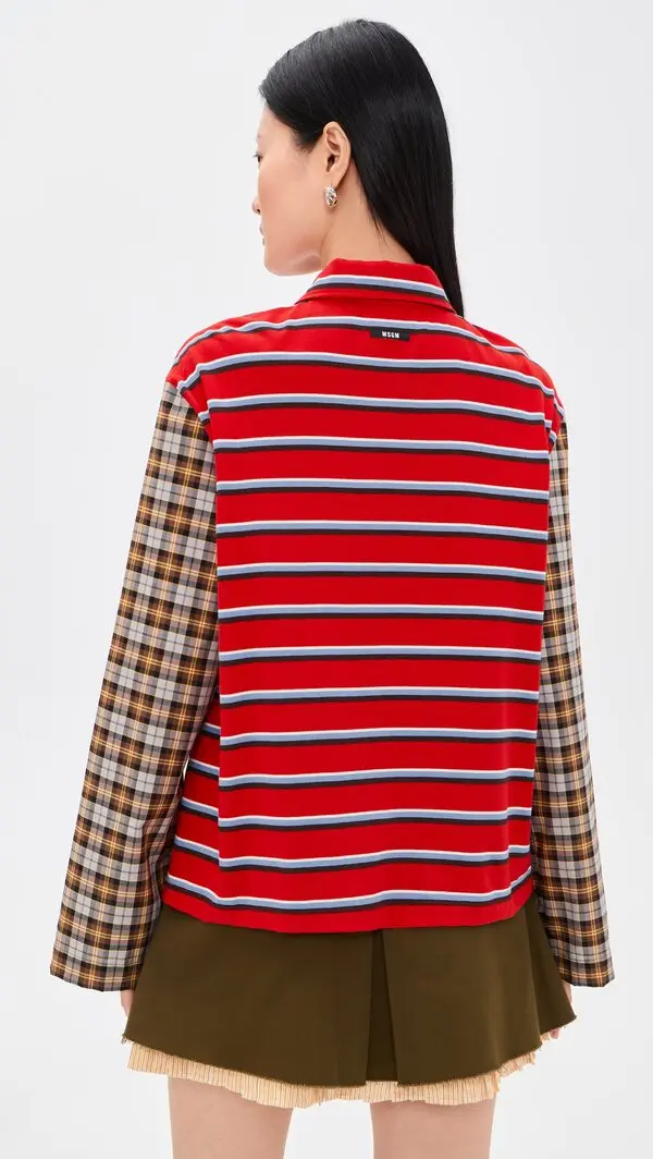 MSGM Striped Polo With Contrast Plaid Sleeves
