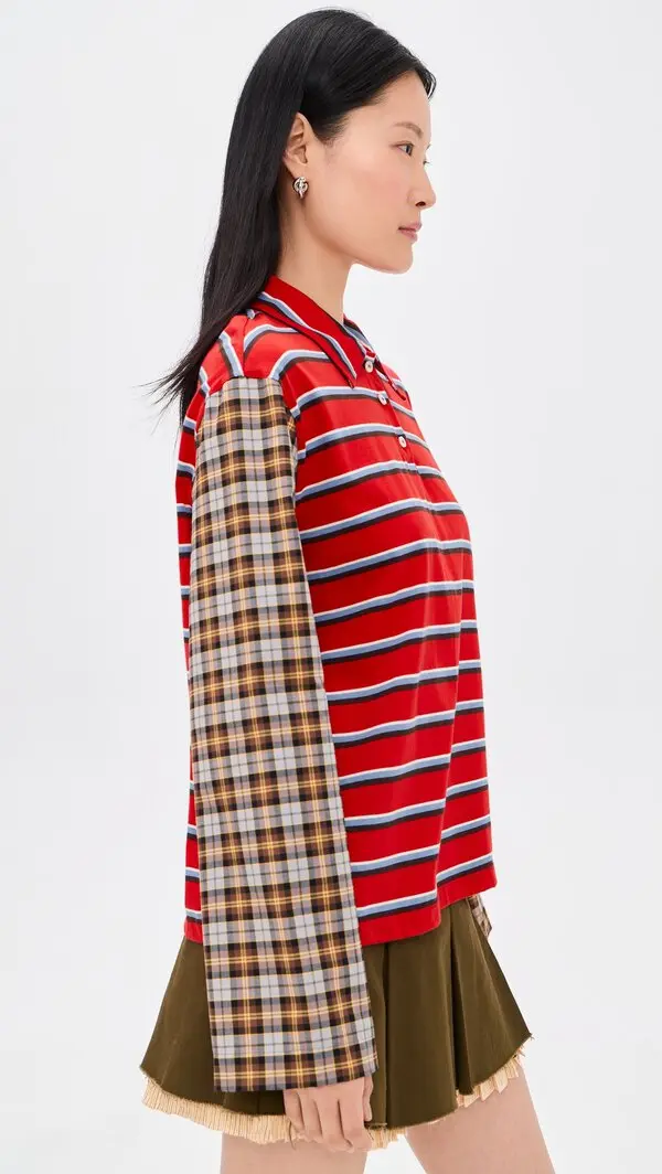MSGM Striped Polo With Contrast Plaid Sleeves