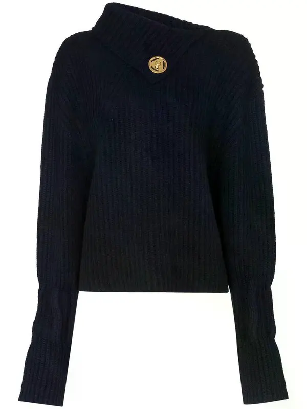 JW Anderson Asymmetrical Foldover Neck Ribbed Knit Sweater With Gold-tone Snap-buttons