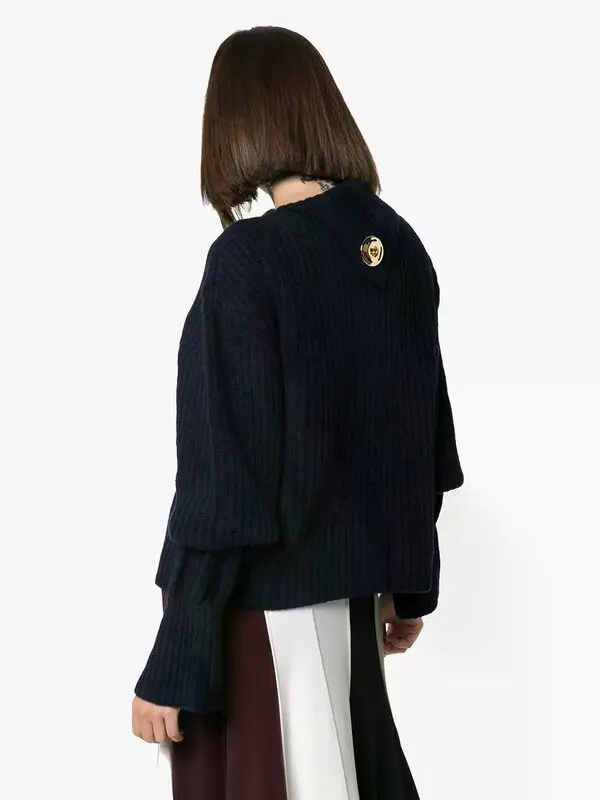 JW Anderson Asymmetrical Foldover Neck Ribbed Knit Sweater With Gold-tone Snap-buttons