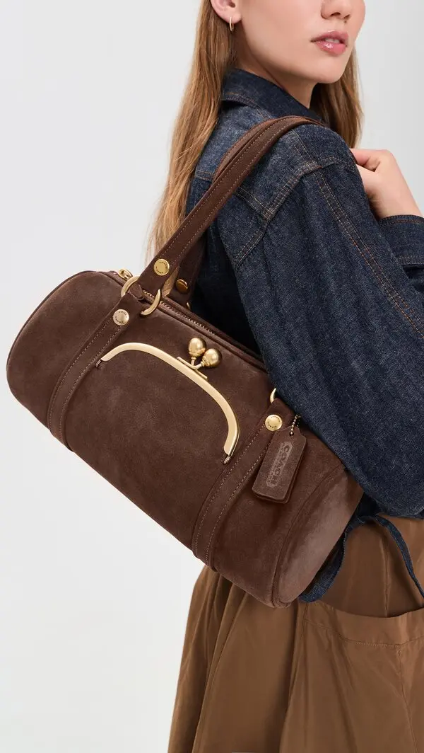 COACH Suede Kisslock Barrel Bag