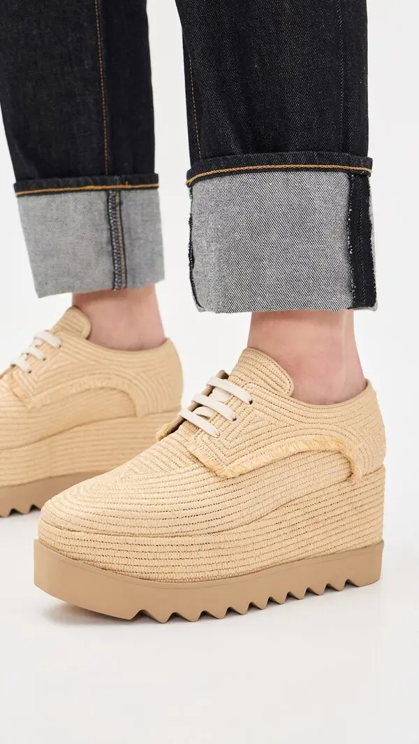 Stella McCartney Elyse Allover Woven Raffia Sneakers With Fringe And Platform - Natural