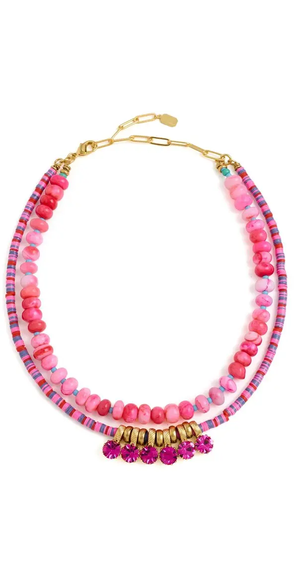 ELIZABETH COLE Layered Beaded Necklace With Crystal Accents - Electric Pink