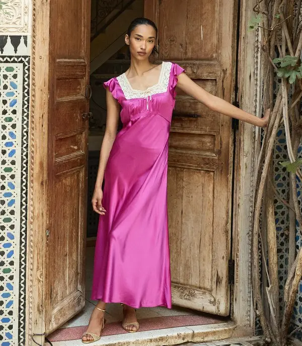 DÔEN Corina Silk Satin Maxi Dress With Lace Trim - Magenta