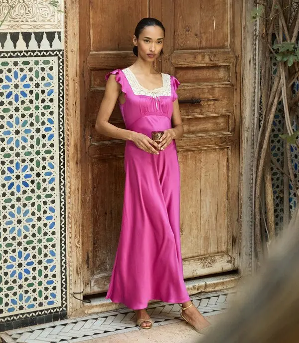 DÔEN Corina Silk Satin Maxi Dress With Lace Trim - Magenta