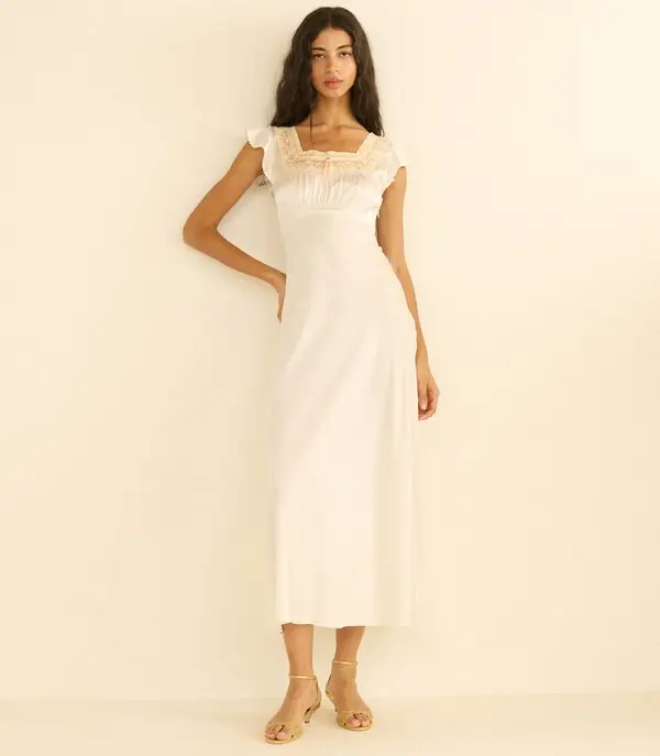 DÔEN Corina Silk Satin Midi Dress With Lace Trim - Salt