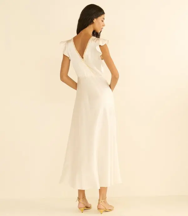 DÔEN Corina Silk Satin Midi Dress With Lace Trim - Salt
