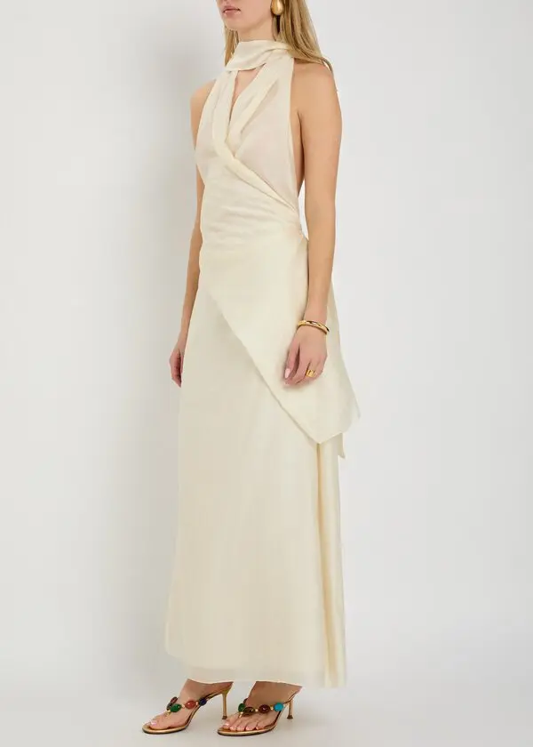 SOLAQUA Antonella Embroidered Draped Maxi Dress - Ivory