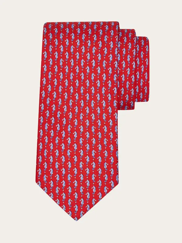 FERRAGAMO Seahorse Print Silk Neck Tie - Red