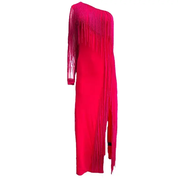 ANY OLD IRON Embellished Fringe Off-the-shoulder Gown