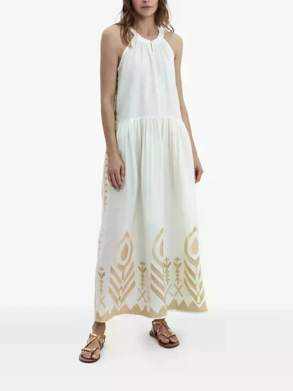 Greek Archaic Kori Embroidered Halterneck Dress - Neutrals