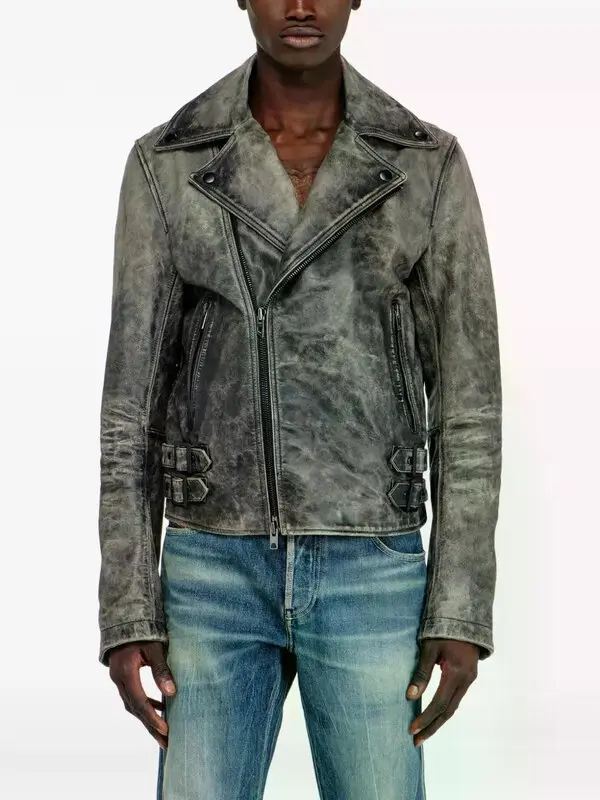 DIESEL® L-eon Distressed Leather Biker Jacket - Black