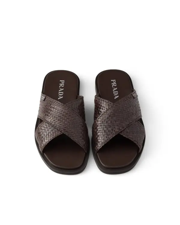Prada Woven Leather Crisscross Slides - Brown