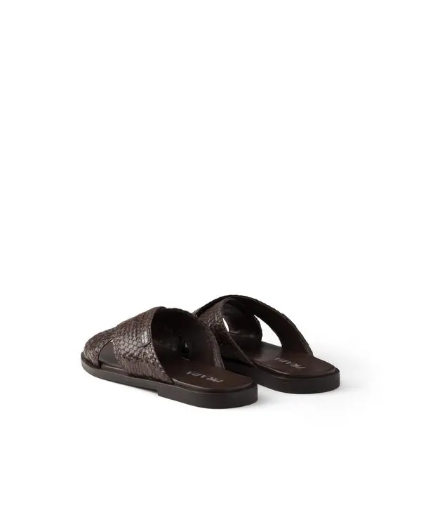 Prada Woven Leather Crisscross Slides - Brown