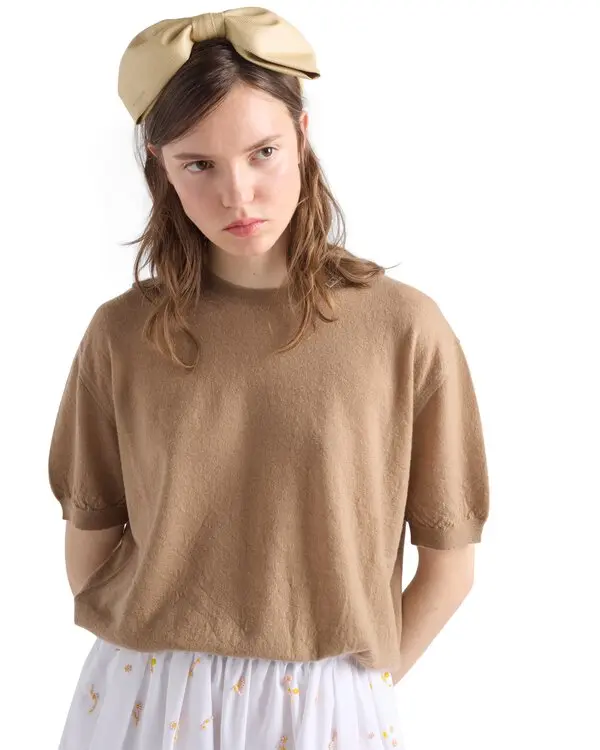 Prada Ribbed Cashmere Short-sleeve Sweater - Neutral