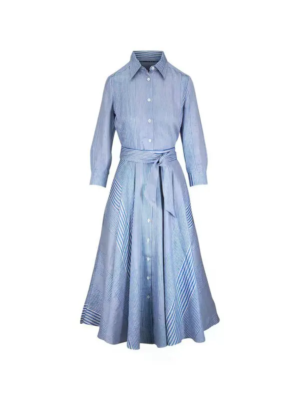 SARA ROKA Striped Belted Midi Shirt Dress