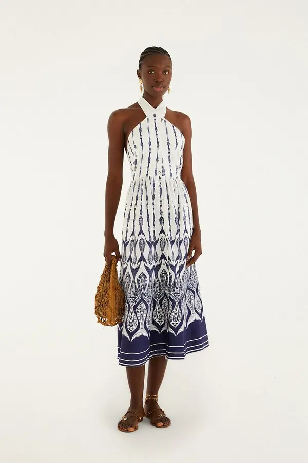 Farm Rio Off-white Printed Halterneck Midi Dress - Fishes Flow Off-white