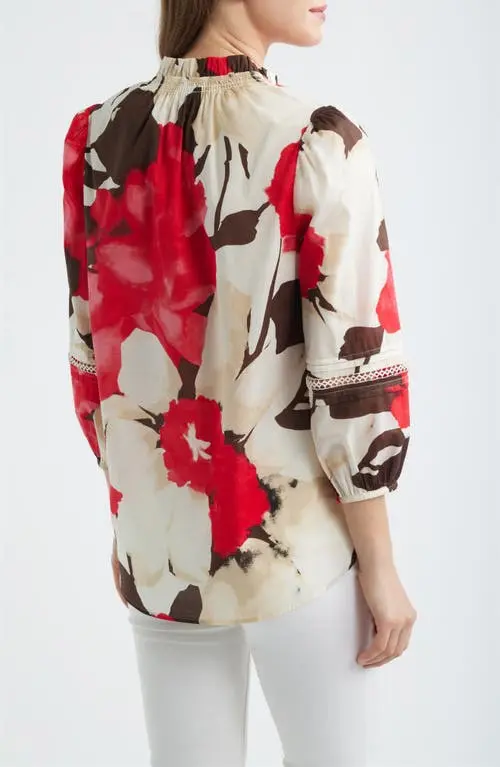Anne Klein Ruffle Neck Printed Cotton Button-up Shirt