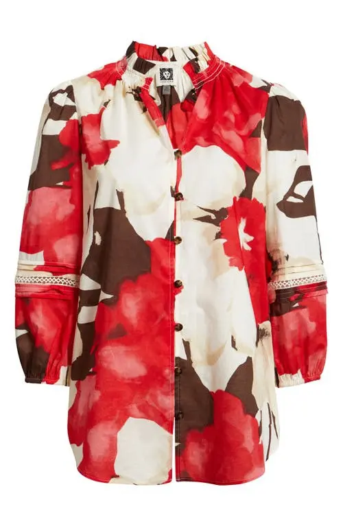 Anne Klein Ruffle Neck Printed Cotton Button-up Shirt