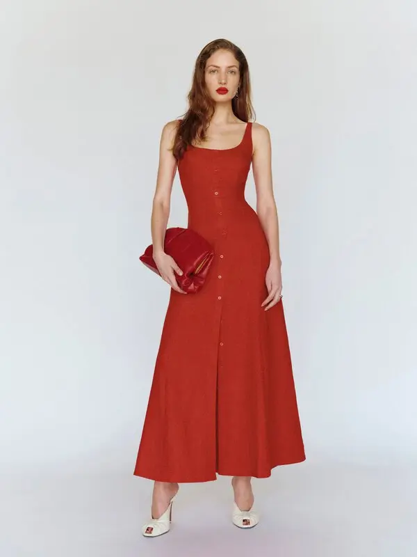 REFORMATION Fraise Linen Midi Dress - Red