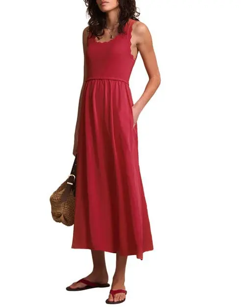 Mint Velvet Scallop Short Sleeve Trim Midi Dress - Red