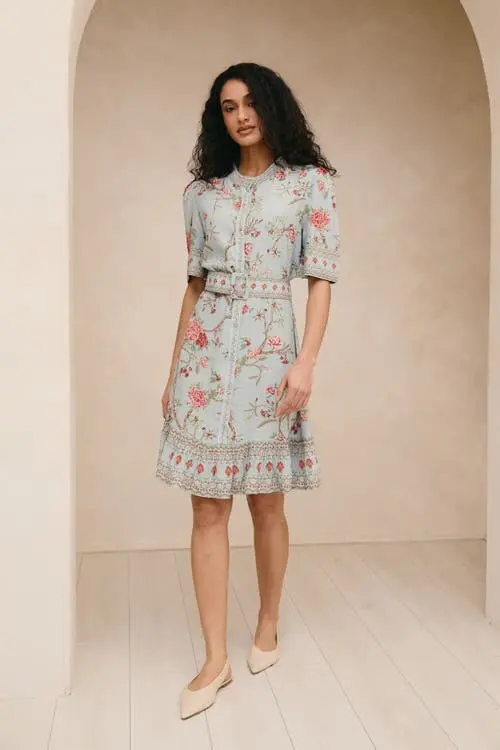 RAISHMA Everly Floral Print Belted Knee-length Dress - Blue