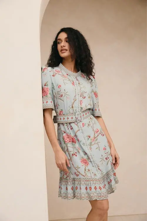 RAISHMA Everly Floral Print Belted Knee-length Dress - Blue