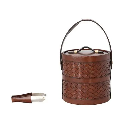 STORIED HOME Ice Bucket With Handle And Tongs - Brown