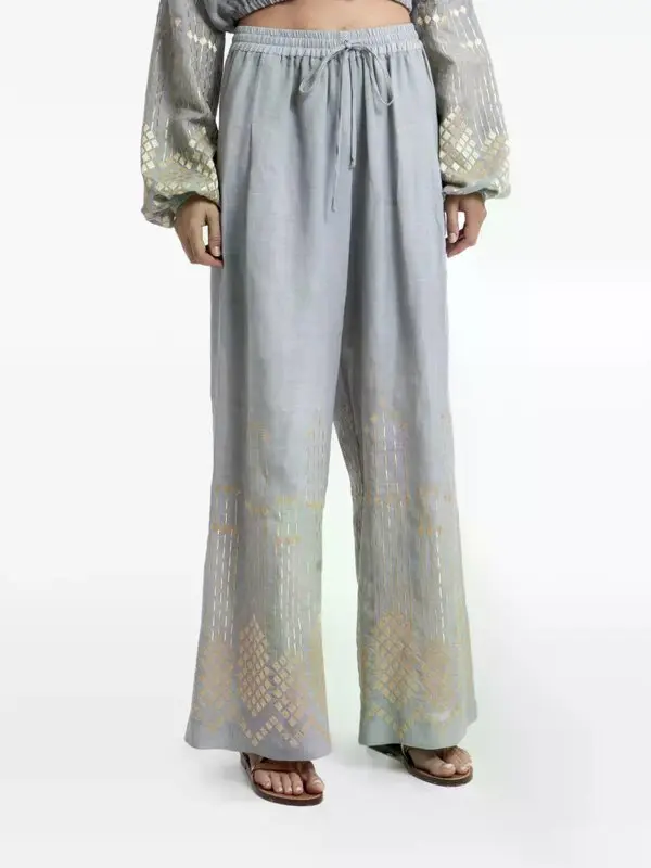 Greek Archaic Kori Embroidered Drawstring Wide-leg Trousers - Grey