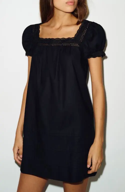 REFORMATION Joliette Eyelet Trim Puff Sleeve Mini Dress - Black