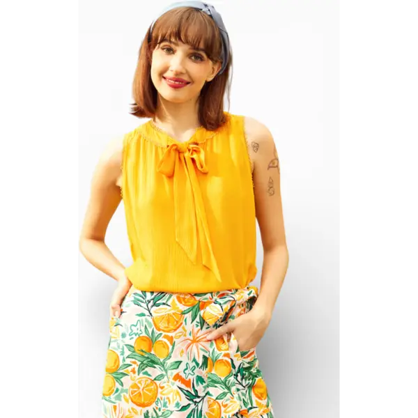 MODCLOTH Sleeveless Tie-neck Blouse With Lace Trim