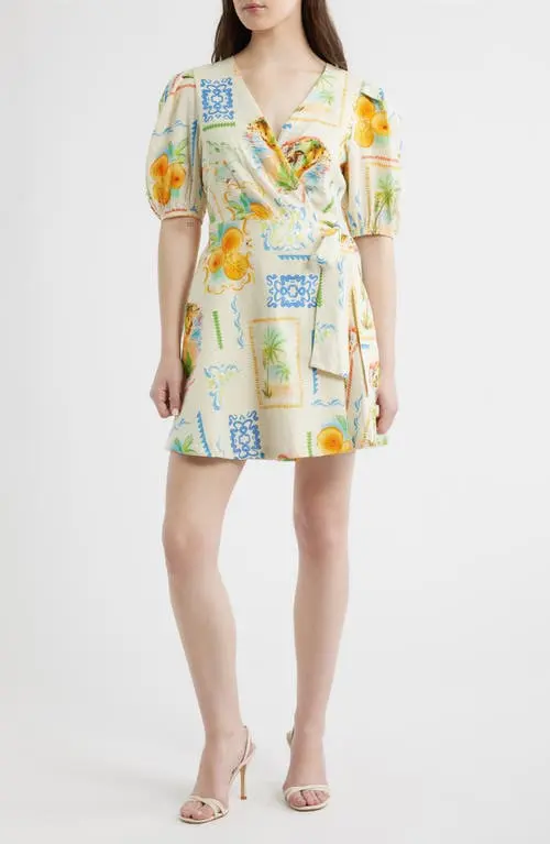 LAYERED WITH LOVE Caterina Print Linen & Cotton Wrap Minidress - Postcard