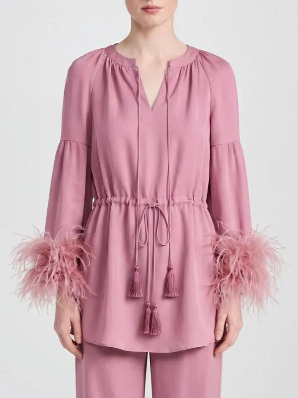 Valentino Garavani Feather-trimmed Silk Blouse - Sand