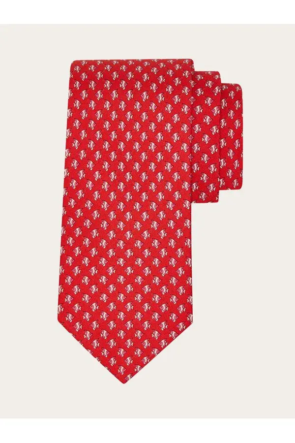 FERRAGAMO Mini Fish Print Silk Tie - Red