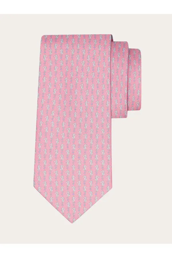 FERRAGAMO Seahorse Print Silk Neck Tie - Pink
