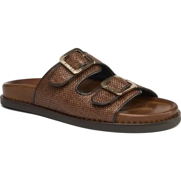 GRACE FOOTWEAR Kimolos Woven Slide Sandal With Gold Tone Buckles - Brown