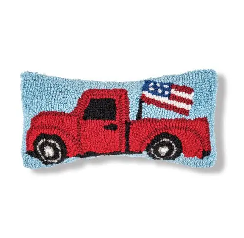 C&F HOME Patriotic Retro Pickup Truck W/ Waving American Flag Hooked Mini Accent Pillow, 6" X 12" - Red