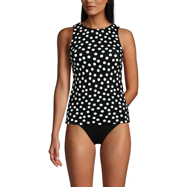 LANDS' END D-cup Chlorine Resistant High Neck Upf 50 Sun Protection Modest Tankini Swimsuit Top - Black/egret White Tossed Dots