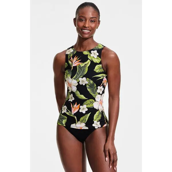 LANDS' END D-cup Chlorine Resistant High-neck Upf 50 Sun Protection Modest Tankini Swimsuit Top - Hibiscus Floral/black