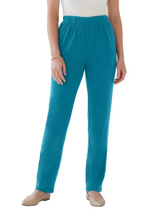 Roaman's Soft Knit Relaxed Straight Leg Pull-on Pants - Deep Teal