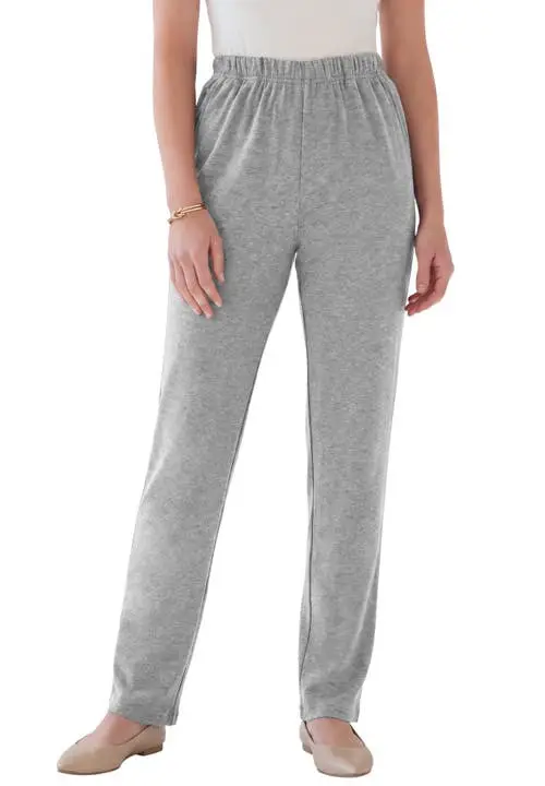 Roaman's Soft Knit Relaxed Straight Leg Pull-on Pants - Medium Heather Grey